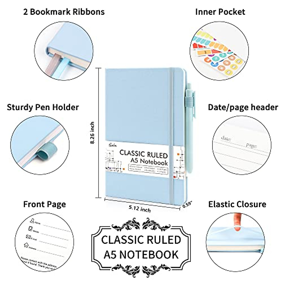 12 Pack Notebooks Journals Bulk with 12 Black Pens, Feela A5 Hardcover Notebook Classic Ruled Journal Set with Pen Holder for School Business Work Travel Writing, 120 GSM, 5.1”x8.3”, Light Blue