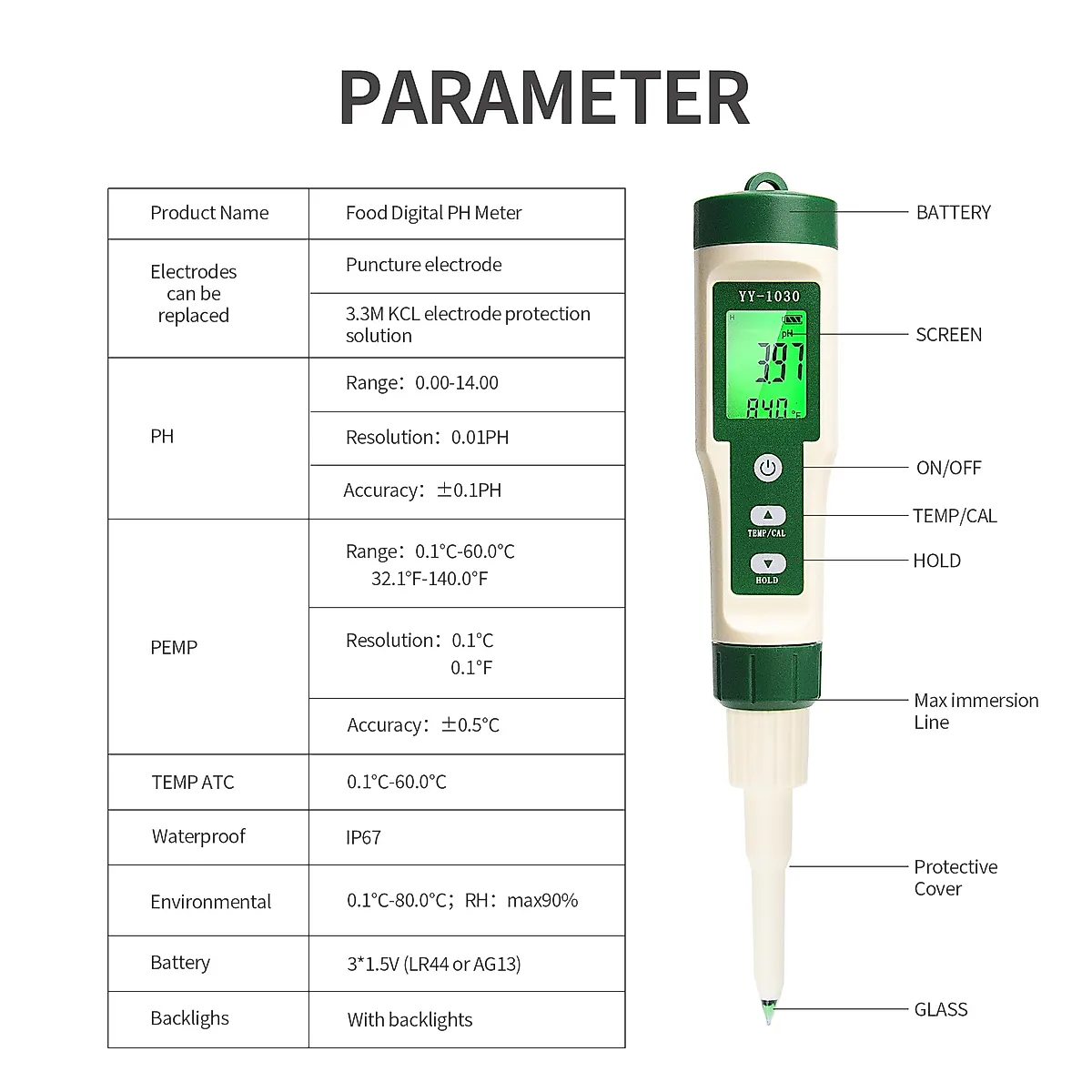 RAINLEOTI Digital pH Meter for Food,Food PH Tester 2 Probe 0.01 Resolution High Accuracy Digital PH Meter with Backlit LCD Display & ATC for Meter,Sourdough,Fruit,Cheese,Bread,Soft Soil Water&Solution