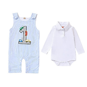 XIFAMNIY Preemie Baby Boy embroidered 1st Birthday Outfit 2Pacs Striped One-Piece Long Sleeve Cotton Romper Summer Jumpsuit Cake Smash Clothes