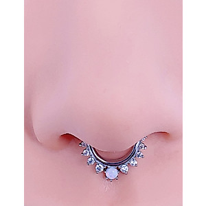 FANSING White Opal Septum Rings for Women 16 Gauge Septum Clicker Surgical Steel Septum Piercing Rings 16g Septum Jewelry 8mm Spike Septum Hoop with Clear CZ