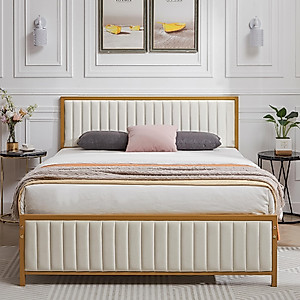 VECELO Full Size Bed Frame with Upholstered Tufted Headboard & Footboard, Heavy Duty Steel Slats Platform, No Box Spring Needed, Gold