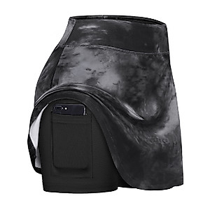 BLEVONH Skorts Skirts for Women,Tennis Golf Running Active Pleated Skirts with Liner Inner Pocket Black Grey Tie-dye 3XL
