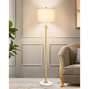Modern Floor Lamp for Living Room, Adjustable Height Standing Lamp with Marble Base, 3-Way Dimmable Gold Tall Pole Light with White Linen Shade for Reading Bedroom, Pull Chain Switch, Bulb Included