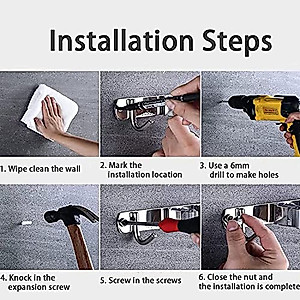 2 Packs Broom and Mop Holder Wall Mounted Garage Organizer Storage Tool Racks Heavy Duty Stainless Steel Mop Holder 4 Hooks 3 Clips, Holds up to 14 Tools for Laundry Room Garden Garage Closet Kitchen