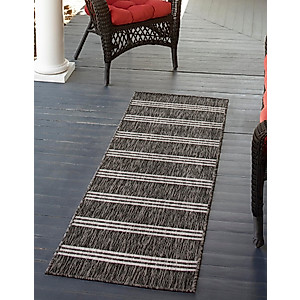 Rugs.com Jill Zarin Outdoor Collection Rug – 2' 7 x 12' Runner Charcoal Flatweave Rug Perfect for Hallways, Entryways