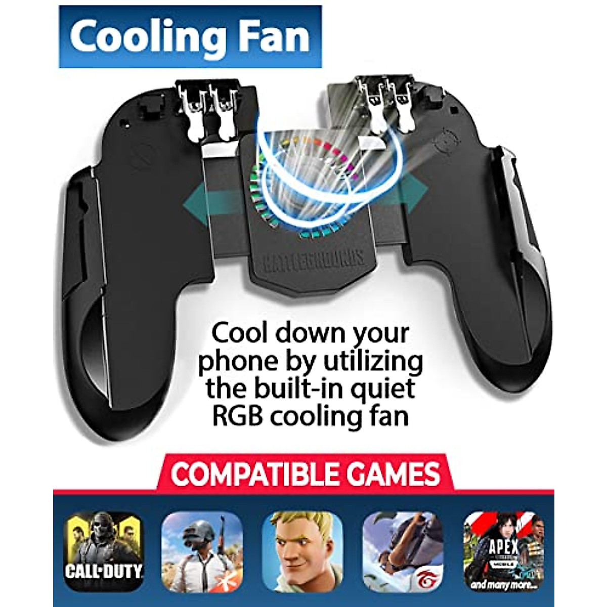 4 Trigger USB Mobile Game Controller with Cooling Fan Adjustable Stand for PUBG/Call of Duty/Fotnite [6 Finger Mode] GAMR+ L1R1 L2R2 Gaming Grip Gamepad