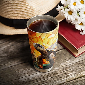 20oz Orange Stained Glass Flower Sea Turtle Tumbler, Gifts for Turtle Lovers, Ocean, Beach Gifts, Coffee Thermos for Women, Stainless Steel Double Wall Vacuum Insulated Coffee Mug, Travel Cup with Lid
