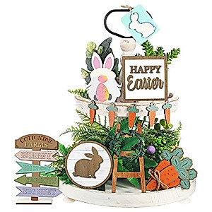 Patelai 12 Pcs Easter Tiered Tray Decor Set Rustic Easter Decorations for Tiered Tray Bunny Farmhouse Tiered Tray Items Easter Egg Rabbits Carrots Wood Sign Happy Easter Decoration for Indoor Home