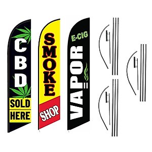 CBD Sold Here Smoke Shop E-Cig Vapor Advertising Signs, Feather Flag Kits Package, Includes 3 Banner Flags, 3 Flag Poles, and 3 Ground Stakes