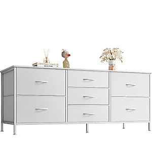 Huuger Dresser with 7 Drawers, 47 Inch Dresser TV Stand for 43, 50, 55 Inch TV, Fabric Dresser Chest of Drawers, PU Leather, Metal Frame, Storage Dresser for Bedroom, Nursery, Clothing, White Dresser