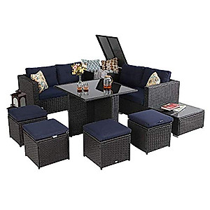 PHI VILLA 9 Piece Outdoor Furniture Sectional Patio Sofa Dining Set with Cushion Box Storage