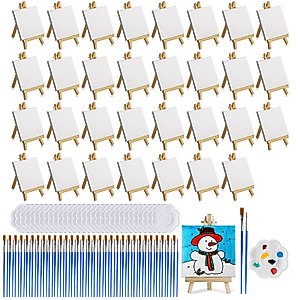 32 Pack Mini Canvases for Painting, Small Stretched Painting Canvas with Mini Easel 4x4 Inch, Art Canvases Painting Kit with 64 Brushes & 32 Paint Tray for Kids Acrylic Pouring Oil Water Color Supply