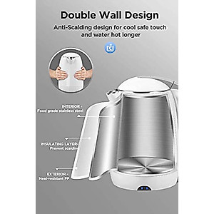 AZEUS Electric Kettle 1500W Cool Touch Tea Kettle Anti-scalding Design 1.8L Large Capacity Double Wall Kettle Cordless Water Boiler with Auto Shut-Off and Boil-Dry Protection, BPA-Free, White