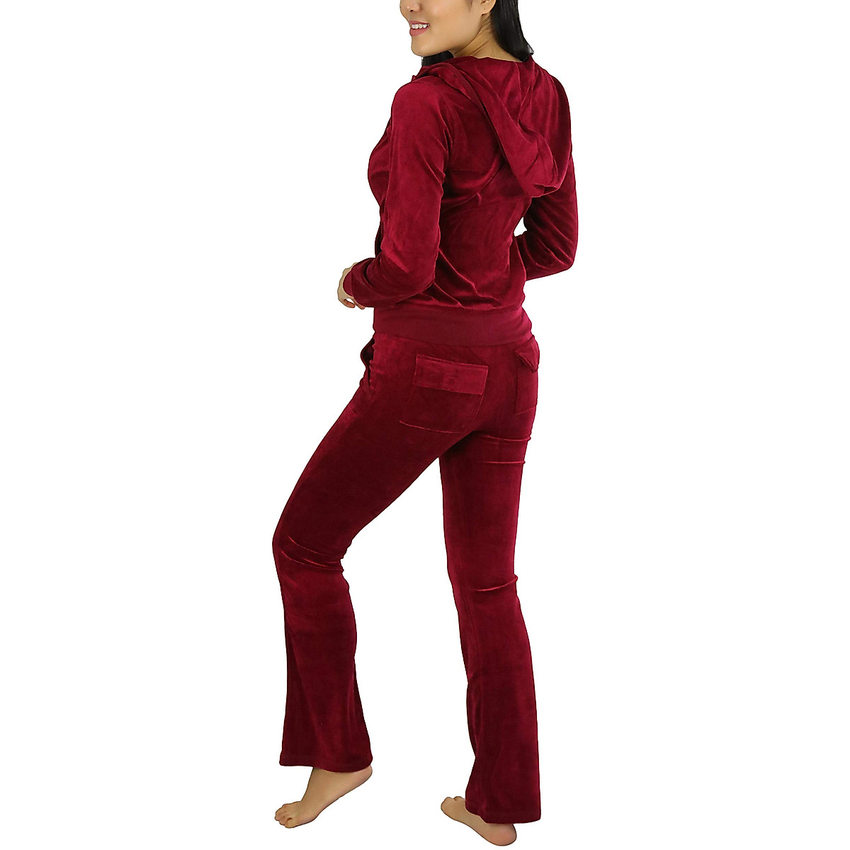 ToBeInStyle Women’s Cozy Lounge Velour Hooded Jacket and Matching Pants - Burgundy - M
