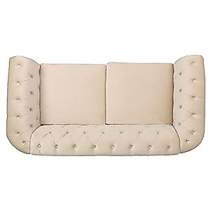 MIYZEAL Modern Chesterfield Loveseat, Velvet 2 Seater Couch Upholstered Sofa with Tufted Back, Roll Arm Classic Settee with Nailhead Trim for Living Room Bedroom (Beige)
