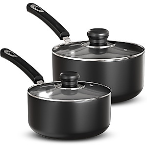 Utopia Kitchen Nonstick Saucepan Set - 1 Quart and 2 Quart Sauce Pan Set with Lid - Multipurpose Pots Set Use for Home Kitchen or Restaurant (Grey-Black)