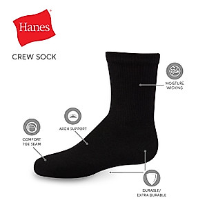 Hanes Small-Shoe Size: 4.5-8.5 Boys, Double Tough Cushioned Crew Socks, 12-Pair Packs, Black