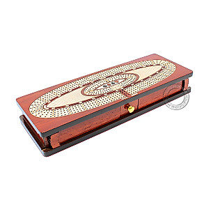 House of Cribbage - Continuous Cribbage Board/Box Inlaid in Blood Wood/Maple : 4 Track - Sliding Lids, Drawer & Metal Pegs with Score Marking Fields for Skunks, Corners and Won Games
