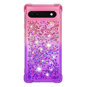 for Google Pixel 6a Case with Screen Protector, Glitter Bling Floating Liquid Women Girls Soft TPU Slim Cute Shockproof Phone Case Protective Cover for Google Pixel 6a Case -Purple Pink