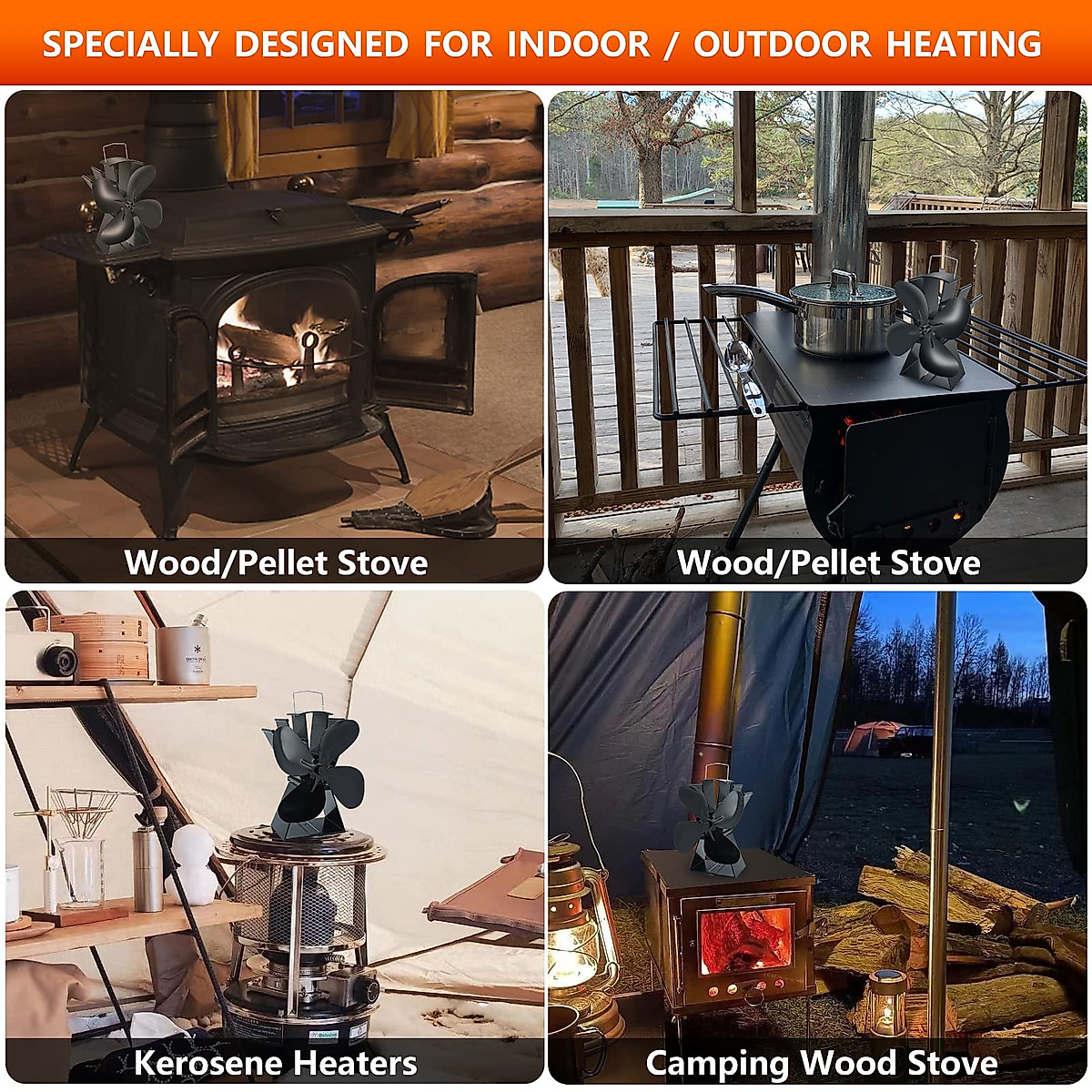 MoopGou Heat Powered Stove Fan, 4 Blades Wood Stove Fan for Wood Burning Stove/Pellet/Log Burner, Fireplace Fan for Home Heat Distribution, Silent operation & Saving Fuel