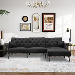 KoiHome Sectional Sofa Right Hand Facing Velvet Button Tufted, L Shape Chaise with Nail Head Detail, Modern 4 Seat Cushion & Wood Leg, 2 Pillows, Couch for Living Room,Office, Black