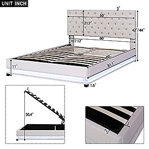 FIQHOME Queen Size Lift up Storage Bed, Upholstered Platform Bed with LED Light, Bed Frame Full Size with Velvet Tufted Adjustable Headboard for Teens Adults,Beige
