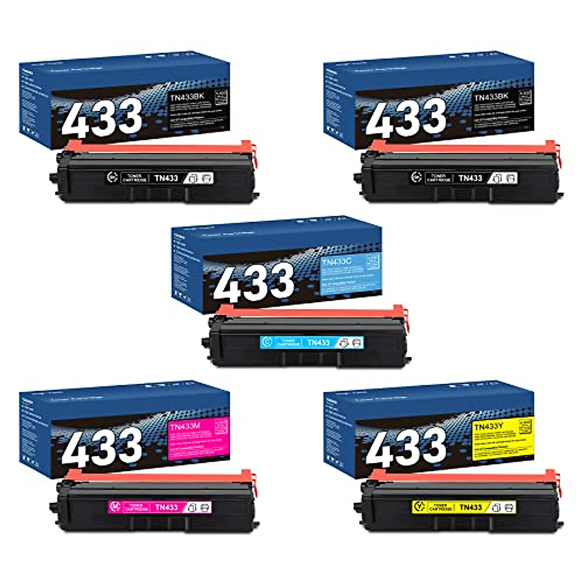 TN433 Toner, 5-Pack (2BK/C/M/Y) High Yield Compatible Replacement for Brother TN433BK TN 433 TN-433 HL-L8260CDW HL-L8360CDW MFC-L8610CDW MFC-L8900CDW Printer