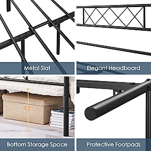 Yaheetech Queen Size Metal Platform Bed Frame Mattress Foundation with Headboard and Footboard No Box Spring Needed Under Bed Storage Steel Slats Black