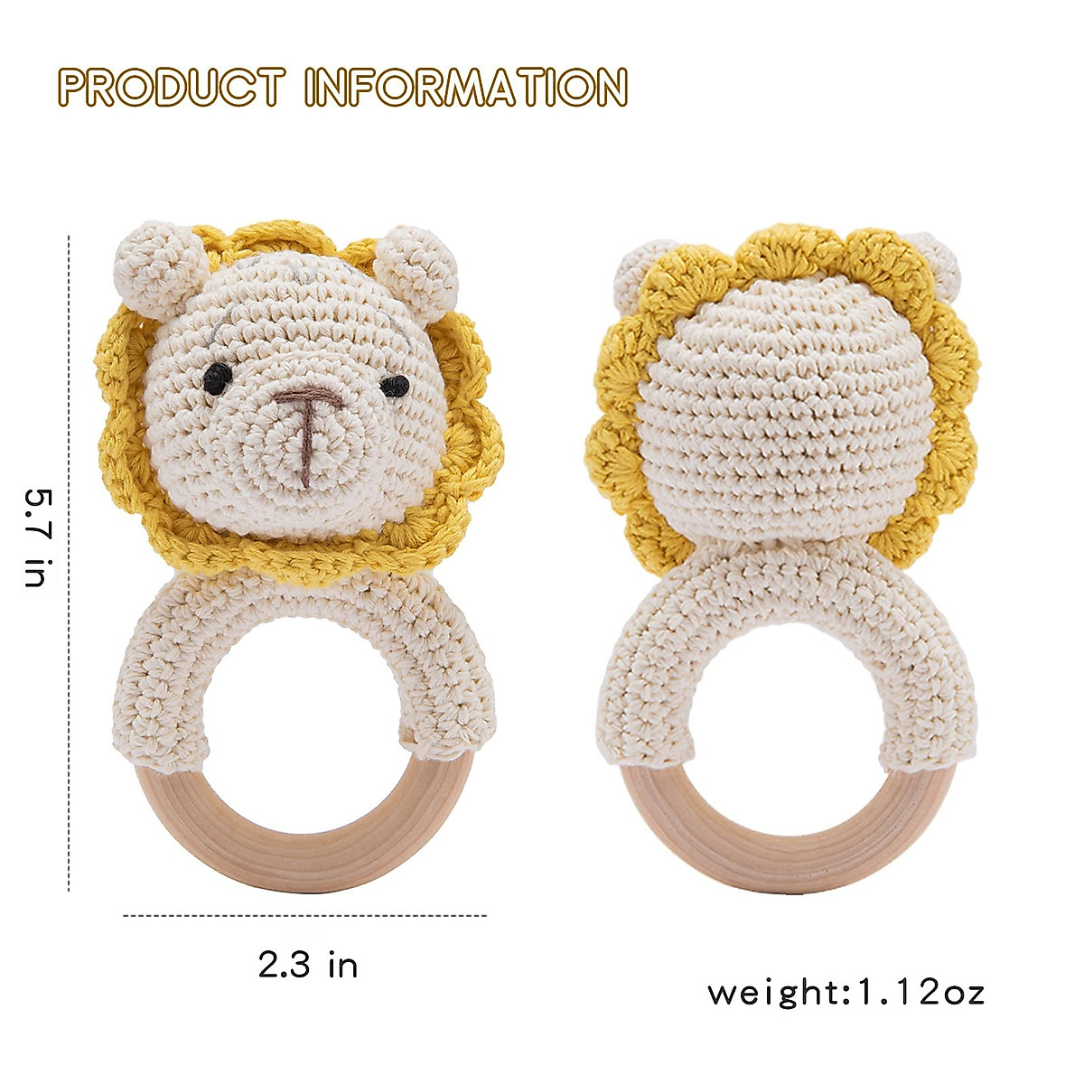 Youuys Wooden Baby Rattle Toys, Easter Rattle for Baby Crochet Lion Rattle Toy Natural Wood, Shaker Rattle for Hand Grips, Boy Girl First Rattle Gift, Newborn Gifts (Lion)