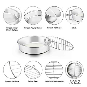 TeamFar 8 Inch Cake Pan and Rack Set of 4, Stainless Steel Round Tier Cake Pans, for Baking Cooling Steaming, Fit in Oven, Pot, Pressure Cooker, Healthy & Mirror Finish, Dishwasher Safe