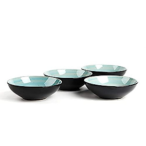 HomeVss Sonoma 16 Piece Stoneware Dinner Set, Outside Black + Inside Handpainted Color Turquoise with speckle