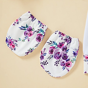 GRNSHTS Newborn Baby Girl Romper Infant Letter Print Bodysuit Floral Jumpsuit+Hat+Headband+Gloves Coming Home Clothes Outfits(Purple,Newborn)