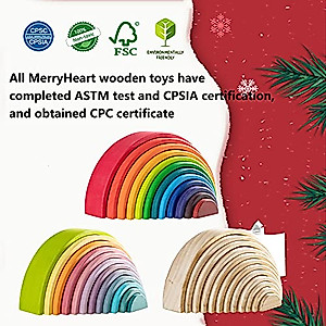 MERRYHEART Wooden Rainbow Stacking Toy, 12 Piece Wooden Rainbow Stacker, Extra Large Rainbow Stacking Toy, Nesting Puzzle Building Blocks Educational Toys for Kids Toddlers