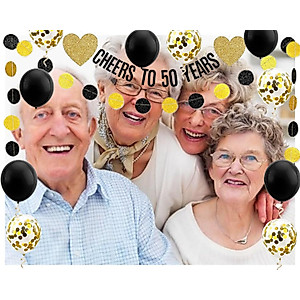 50th Birthday Anniversary Wedding Banner Funny Birthday Banner Glitter Cheers to 50 Years Birthday Party Decoration Supplies Hanging Garland Kit 10 Balloons Bunting 50 Bday Backdrop Adult Black Gold
