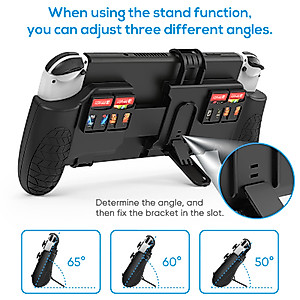 Switch OLED Grip Case Compatible with Nintendo Switch/ Switch OLED/ Switch Lite - Universal Hand Grip Accessories with Adjustable Stand/ 4 Game Slots, 8 Thump Caps for JoyCon & Switch Control, Black