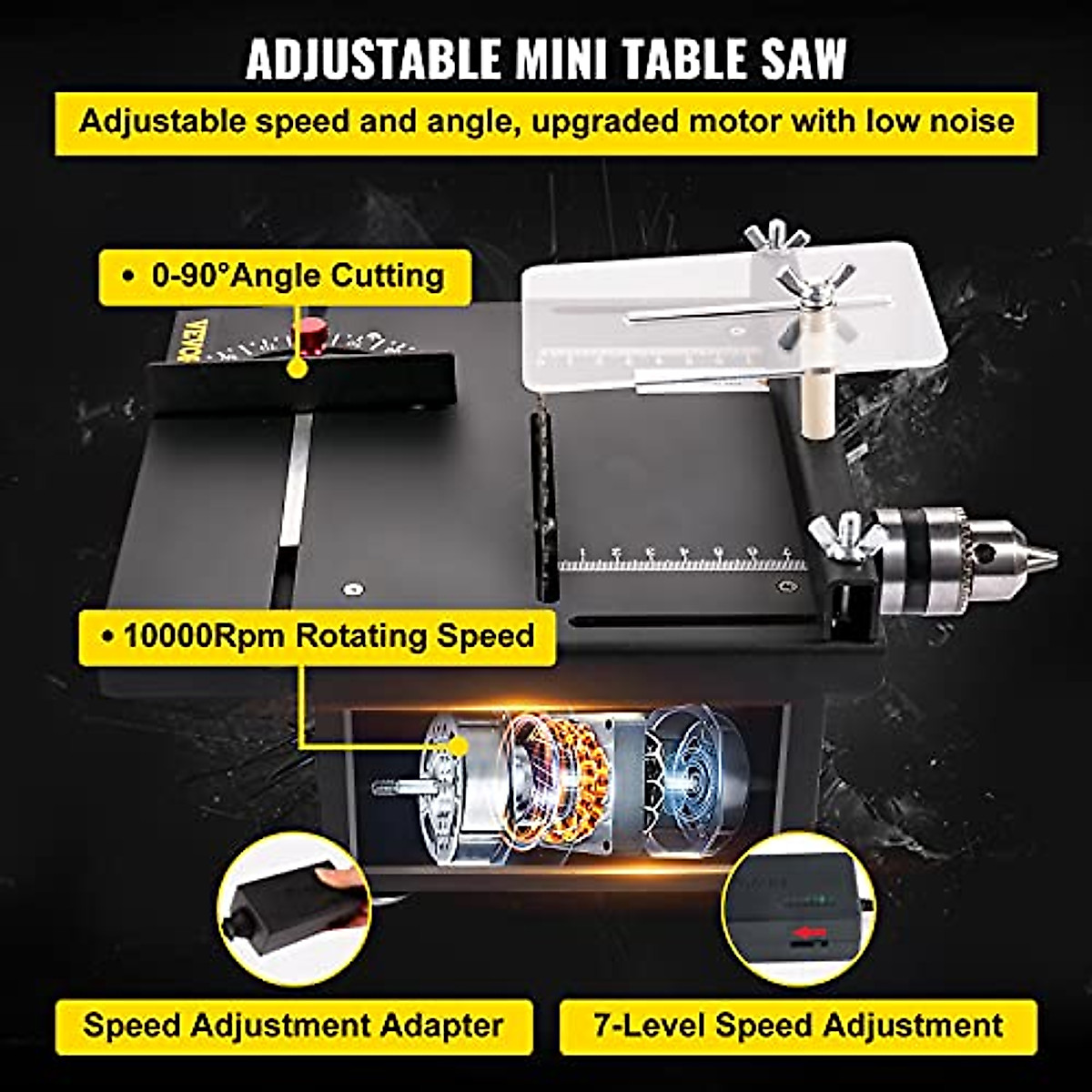 VEVOR Mini Table Saw, 96W Hobby Table Saw for Woodworking, 0-90 Angle Cutting Portable DIY Saw, 7-Level Speed Adjustable Multifunctional Table Saws, 1.3in Cutting Depth Mini Precision Table Saw Item