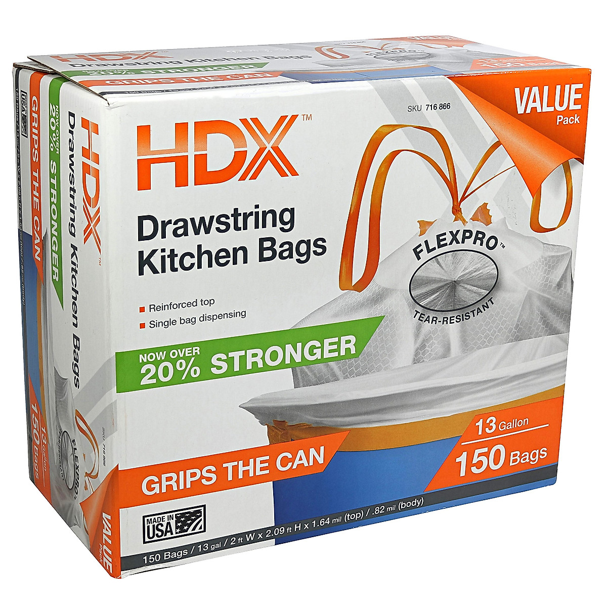 HDX 716866 13-Gallon Drawstring .9 Mil Tear Resistant Expandable Kitchen Trash Bag w/ Dispensing Container (150 Count) [Packaging May Vary]