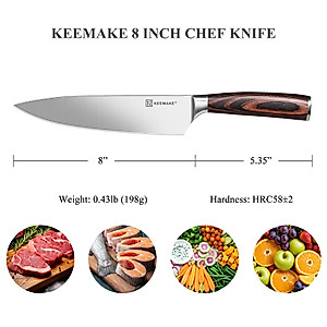 KEEMAKE Chef Knife 8 inch - Sharp Kitchen Knife High Carbon Stainless Steel Blade, Gyuto Knife Ergonomic Wood Handle, Professional Chef’s Knife for Home Kitchen and restaurant