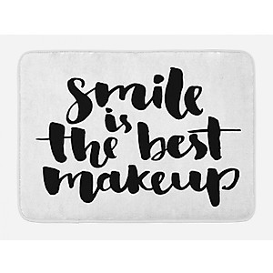 Saying Bath Mat, Smile is The Best Makeup Inspirational Phrase Hand Written Daily Motivations, Bathroom Rugs Soft Bath Rugs Non Slip, Washable Cover Floor Rug, 24" X 16", Black and White