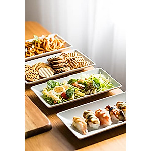 LAUCHUH Serving Platter, 10” Rectangular Plates Serving Tray Porcelain Platters for Parties, Sushi, Dessert Microwave and Dishwasher Safe Set of 4, White