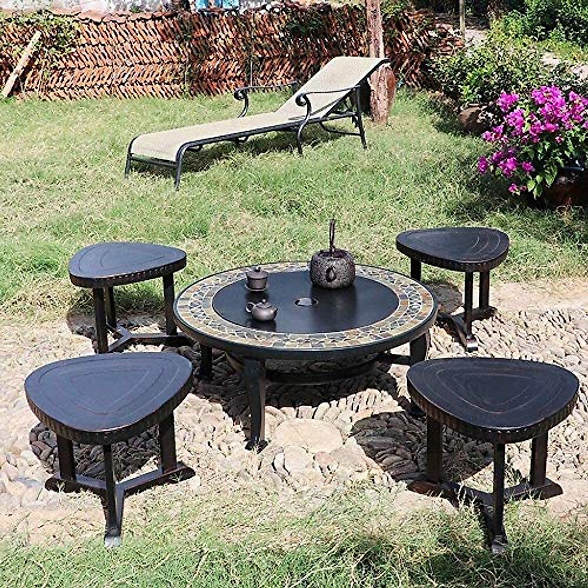 LEAYAN Garden Fire Pit Grill Bowl Grill Barbecue Rack Black Outdoor Fire Pit, Round 34" Natural Slate Top with Spark Screen Cover for Backyard Patio with Cover BBQ Cooking for Camping Backyard