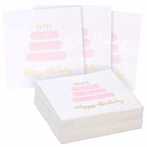 BLUE PANDA 50 Pack Light Pink Happy Birthday Cocktail Napkins for Women with Gold Foil Accents, 3-Ply (5 x 5 Inches)