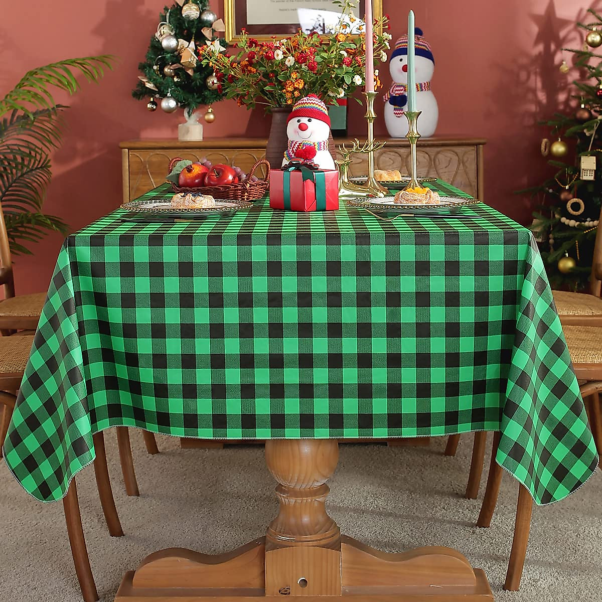 Buffalo Plaid Vinyl Christmas Tablecloth Rectangle 52 x 70 Inch With Flannel Backing, Waterproof & Anti Slip Plastic Tables Cloths, Heavy Duty Table Cover for Winter, Party & Holiday, Green and Black