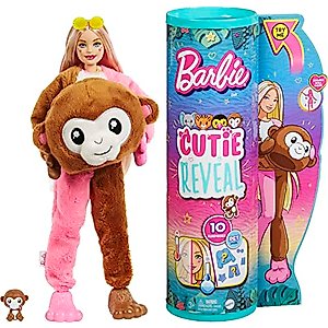 Barbie Cutie Reveal Fashion Doll, Jungle Series Monkey Plush Costume, 10 Surprises Including Mini Pet & Color Change
