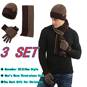 Winter Knit Beanie Hat Neck Warmer Scarf and Touch Screen Gloves Set 3 Pcs Fleece Lined Skull Cap for Men Women (Brown)