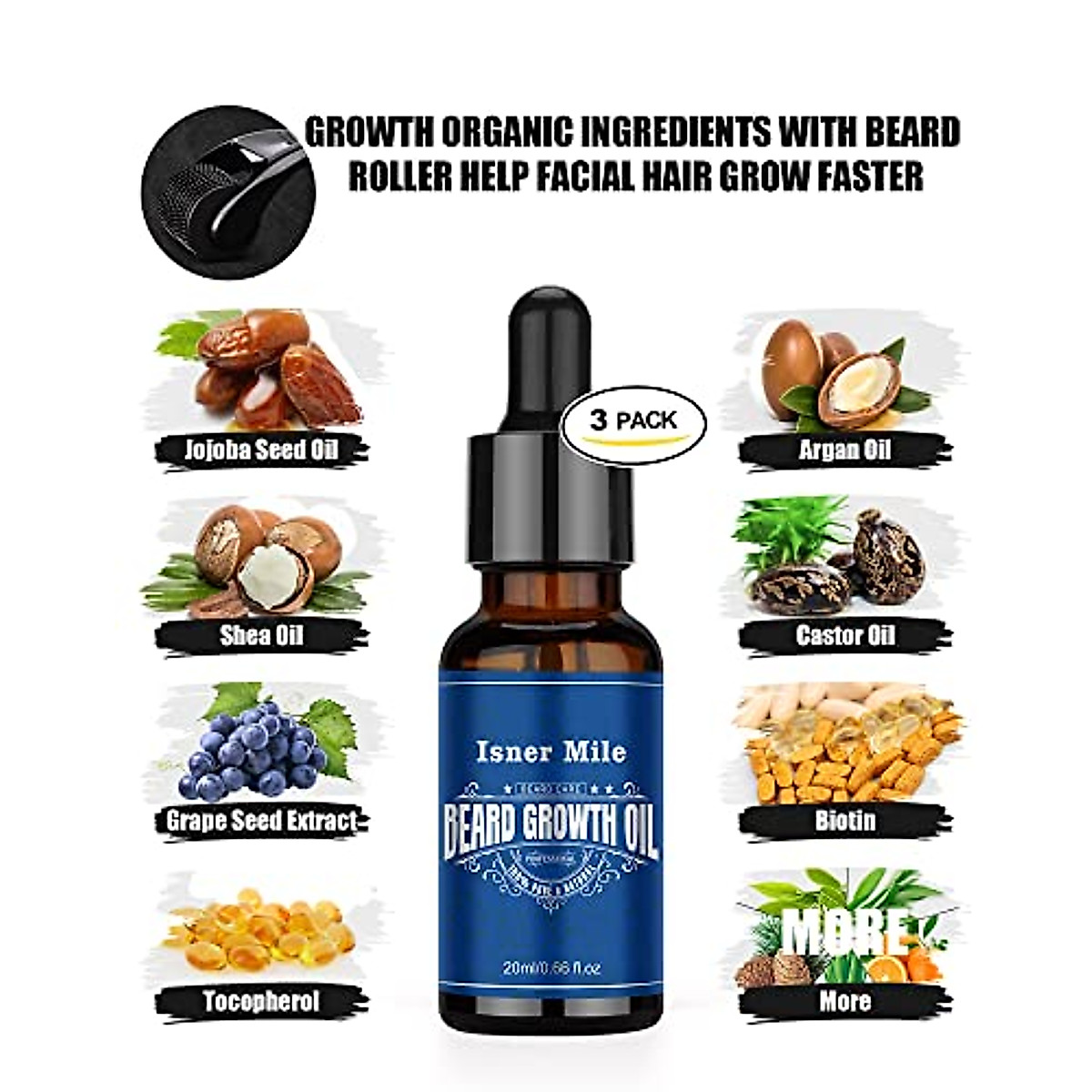 ISNER MILE Beard Growth Kit - Beard Kit with Beard Roller, Beard Growth Oil, Beard Wash, Beard Balm, Beard Brush, Comb, Shaving Scissors, Bag, eBook, Birthday Gifts for Fathers Boyfriends Dad Men Him