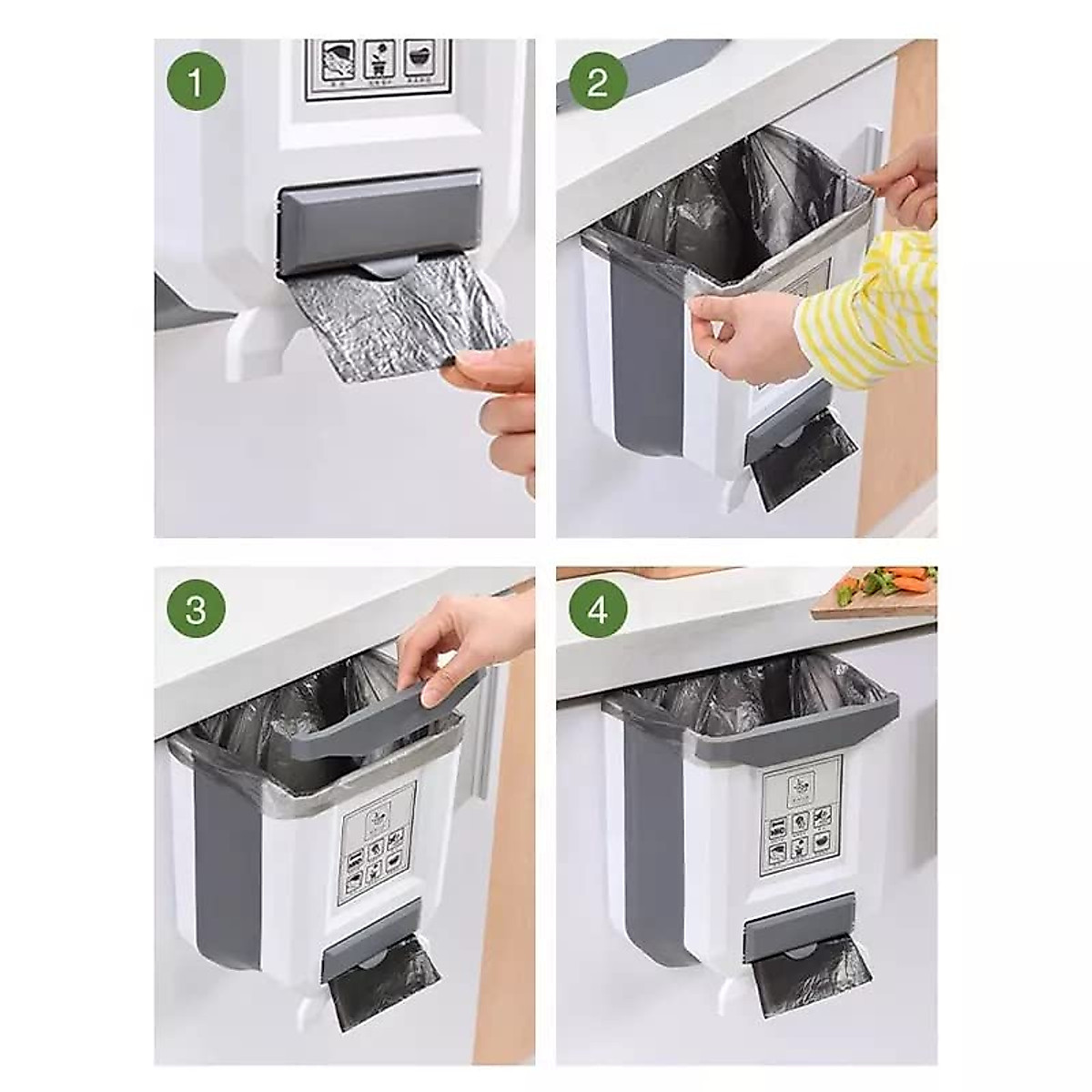 EWholesalers Hanging Kitchen Trash Can, 2.4 Gallon Plastic Folding Small Garbage bin, Collapsible Mini Hanging Waste Bin for Cabinet, Car, Bedroom, Bathroom, Kitchen, and Office. (White)