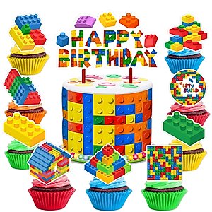 25 PCS Building Blocks Block Theme Happy Themed Birthday Party Cake Topper Cupcake Toppers Favors Supplies Decorations Decor Construction Gifts for Games Boys Girls Kids Baby Shower Rewards Carnival
