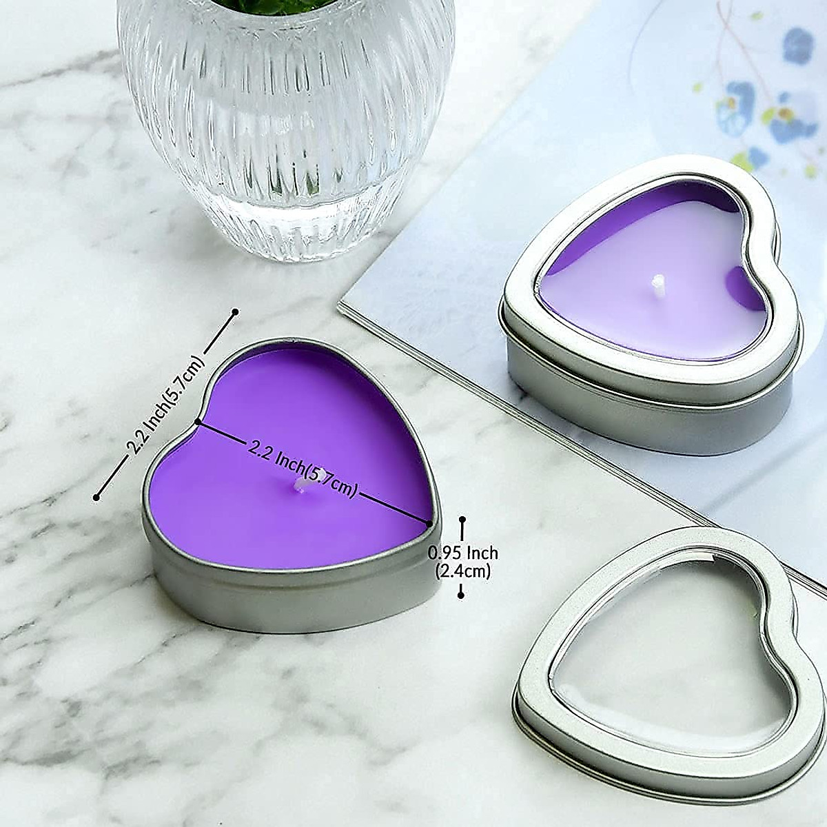 DEYBBY Large Heart Shaped Scented Tea Lights Candles, Smokeless Soywax —6 Hours Long Burning Lavender Purple Aromatherapy Candles for Relaxation, Spa and Bath (Pack of 6)