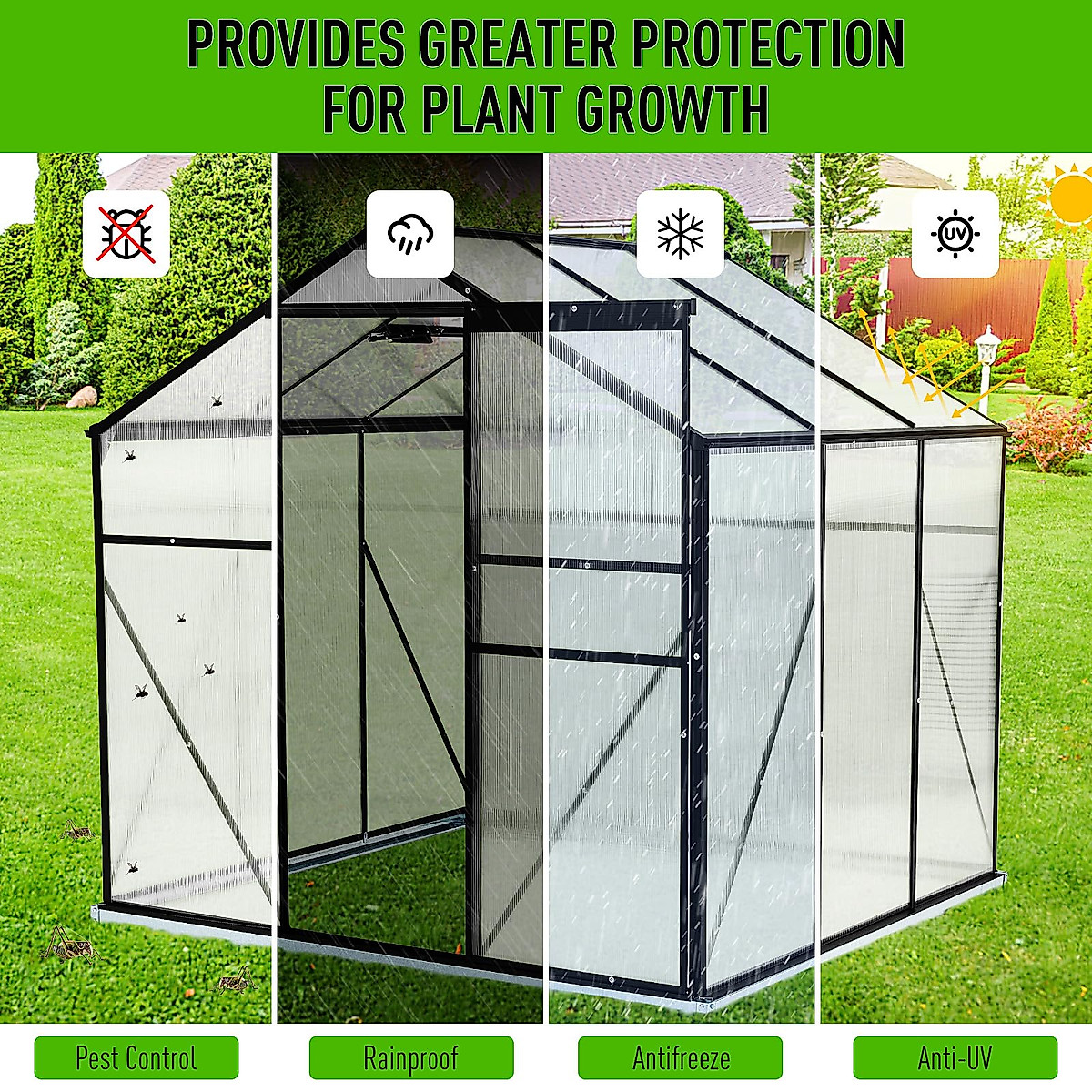Zstar 6x6 FT Polycarbonate Greenhouses with Sliding Door and Adjustable Vent Window, Heavy Duty Outdoor Aluminum Walk-in Green House for Outdoor Garden Backyard, Greenhouses for Outdoors, Black